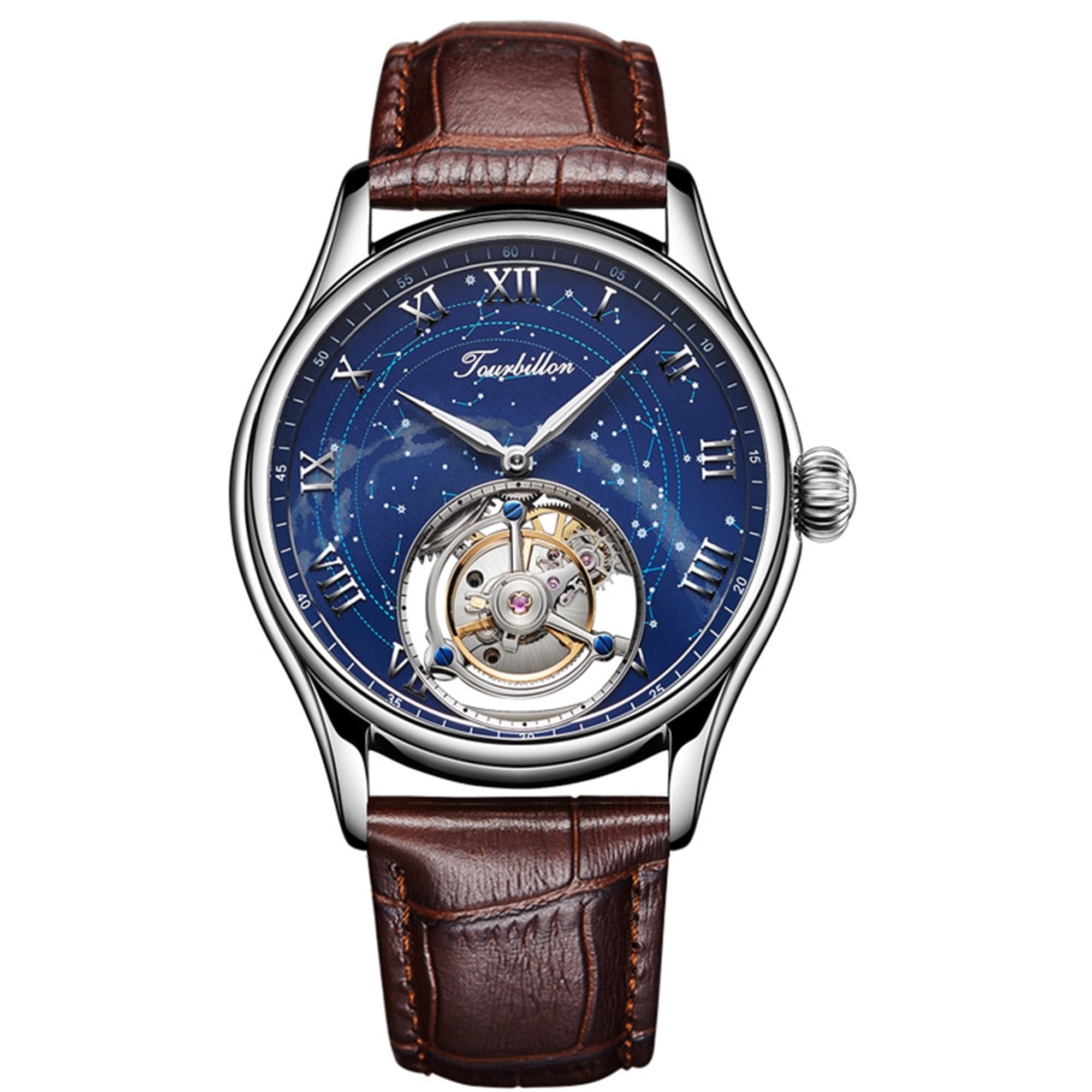 AESOP Men Genuine Mechanical Hand-Wind Skeleton Tourbillon Starry Sky ...