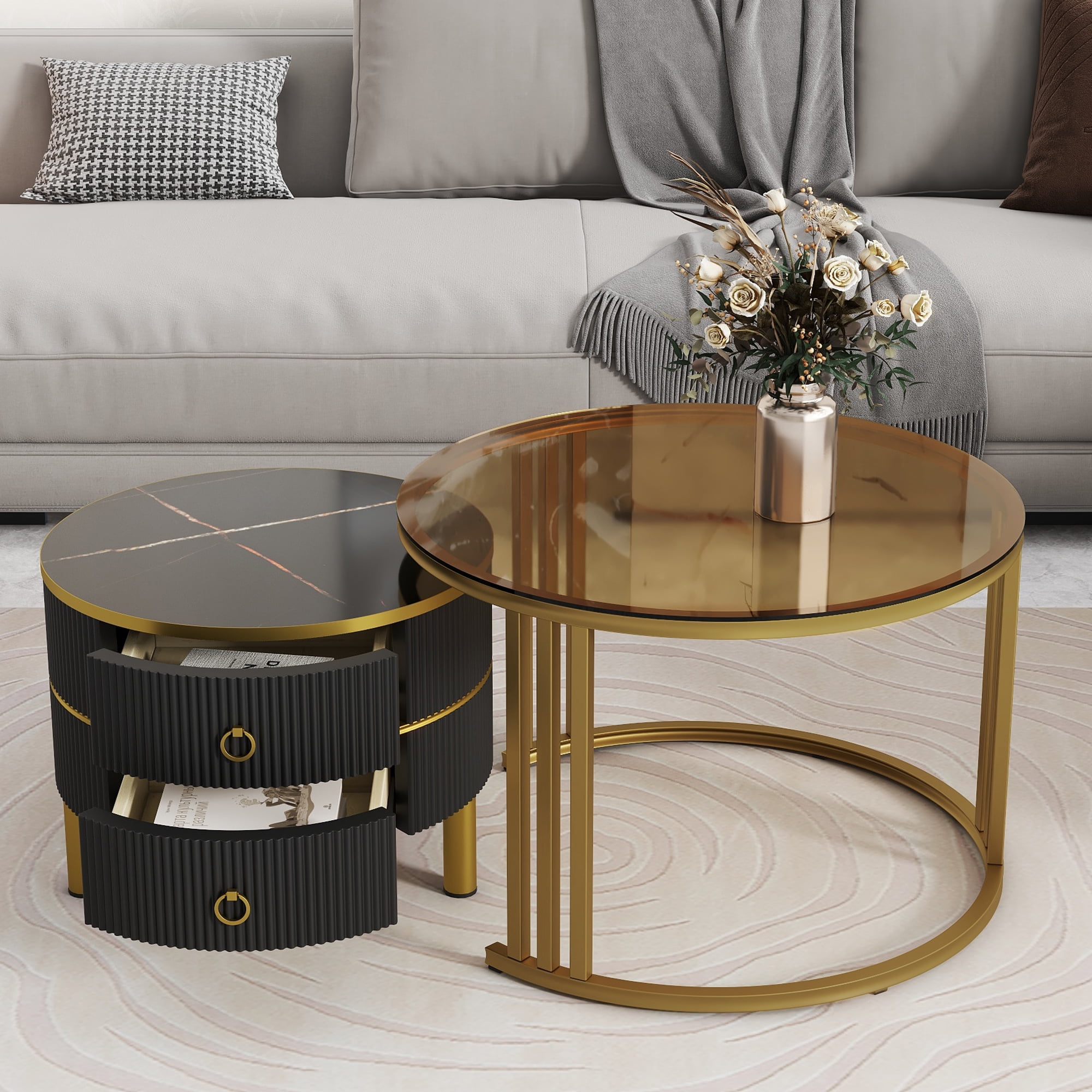 AESTTY 27.5'' & 19.6'' Stackable Coffee Table with 2 Drawers, Nesting ...
