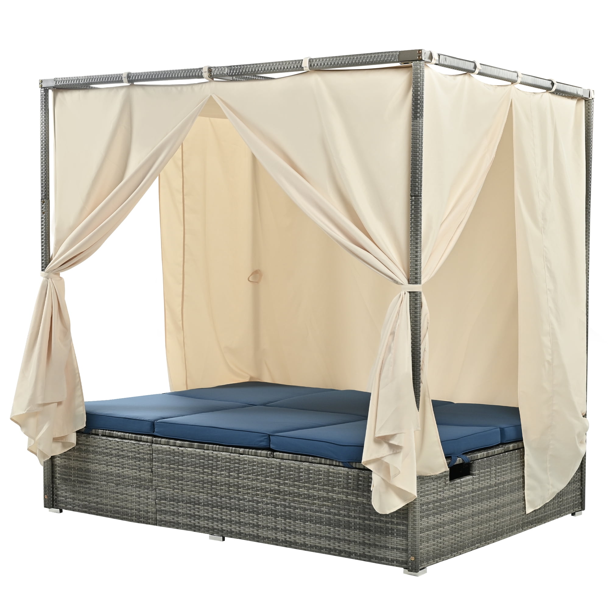 AESTTY Outdoor Sunbed with Canopy Sun Lounger Daybed with Curtains Patio Furniture Sets for Garden Poolside Backyard Beige Walmart