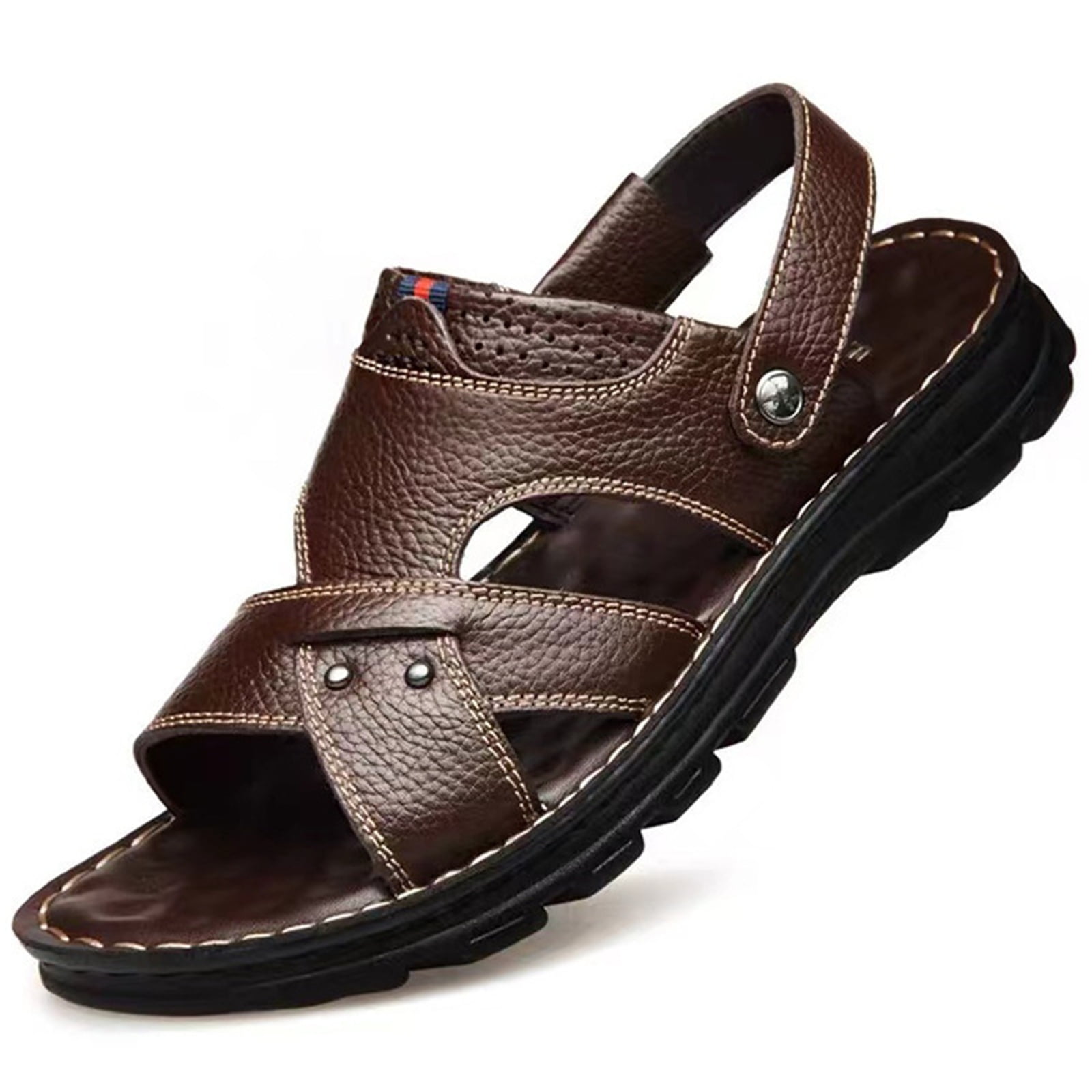 AEVOS Men's Summer Genuine Leather Casual Beach Sandals - Breathable, Anti-slip, Thickened Sole ...