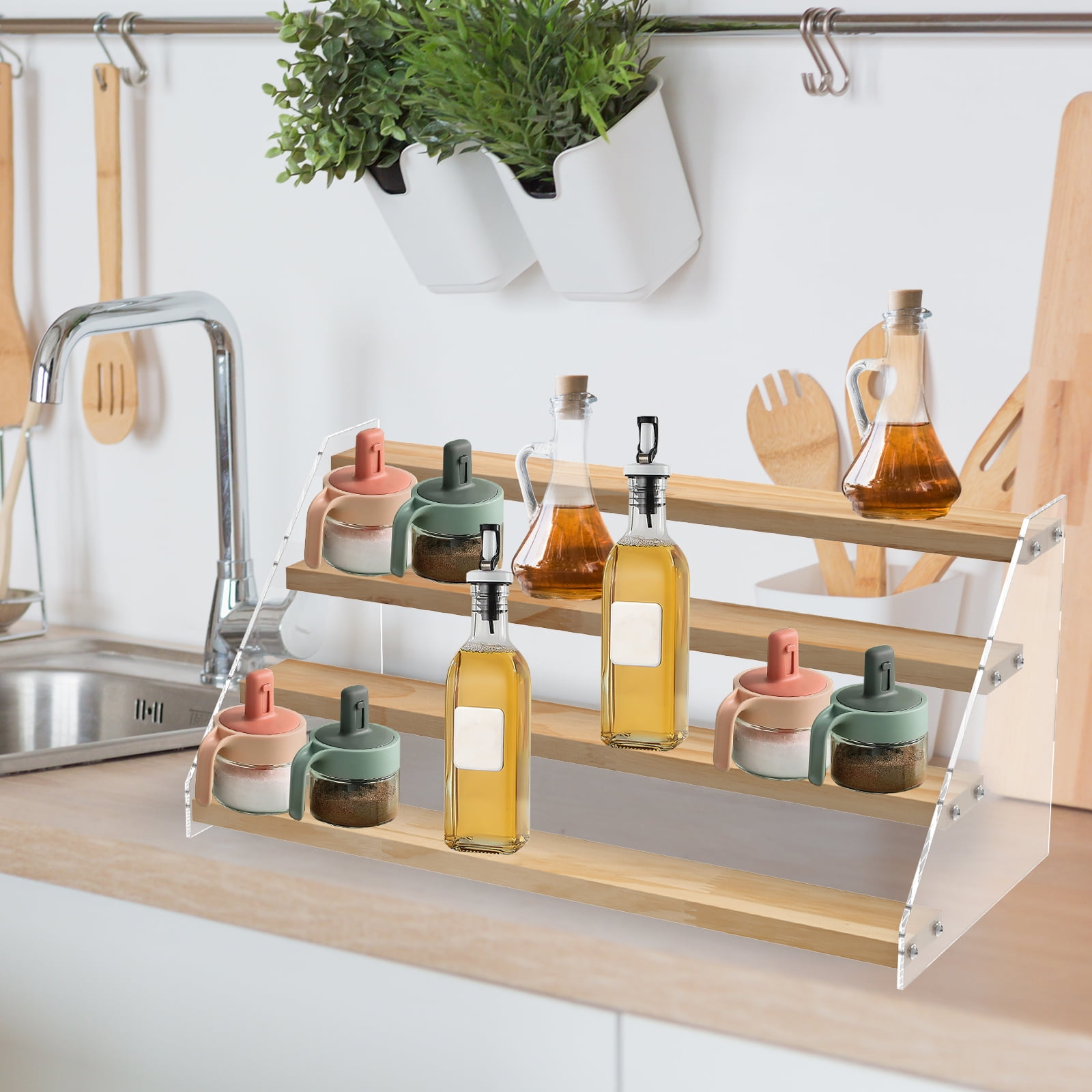 AEVXKHI 4 Layers Acrylic Clear Solid Wood Step Shelf, Seasoning Storage ...