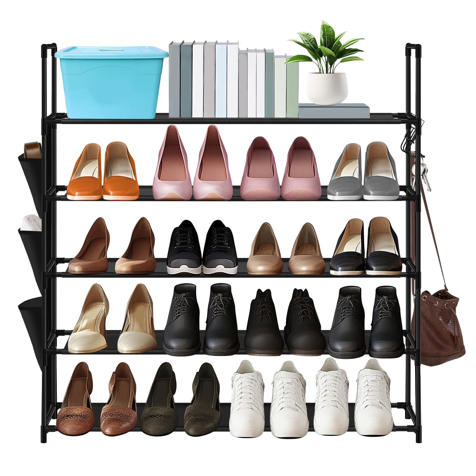 AEVXKHI 5 Tiers Shoe Rack with Side Pockets and Hooks, 20-25 Pairs Shoe ...