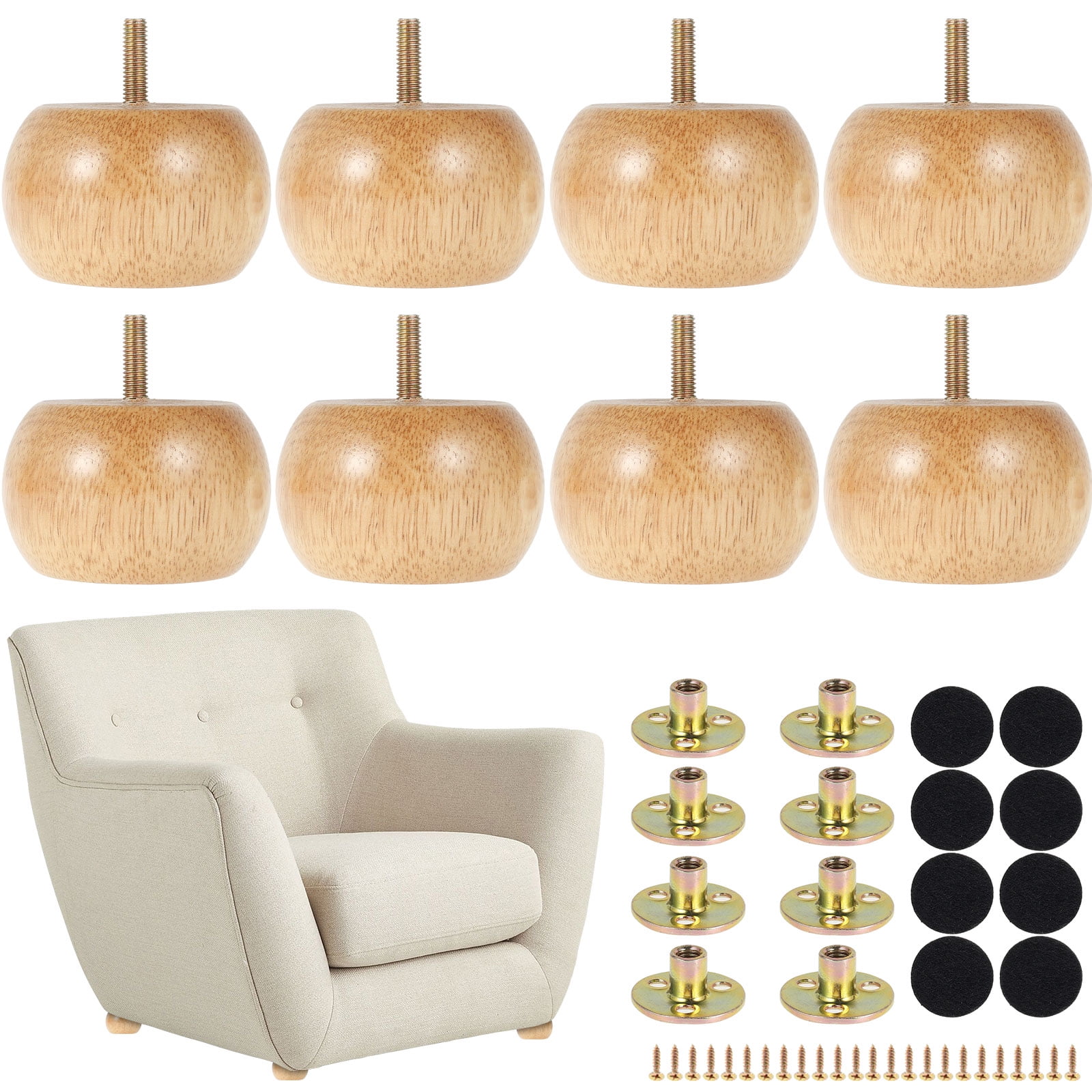 AEVXKHI 8PCS Wooden Furniture Legs, Solid Rubber Wood Furniture Feet ...