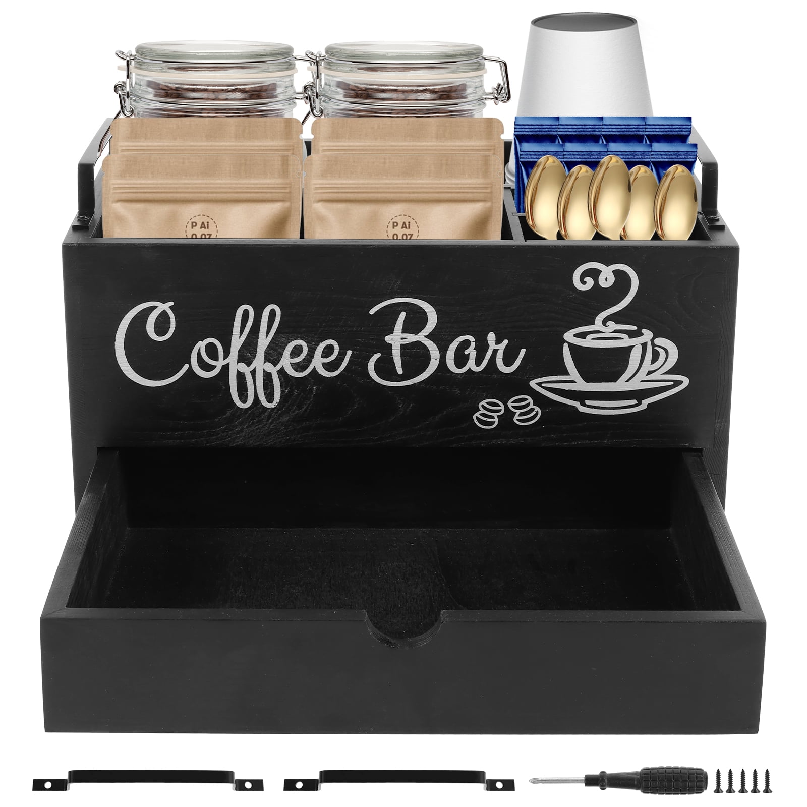 AEVXKHI Double Layer Coffee Bar Organizer Station with Drawer and Metal ...