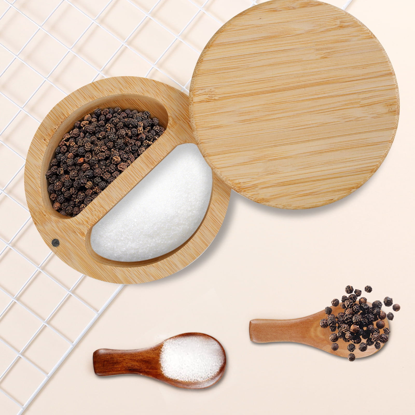 AEVXKHI Salt and Pepper Bowl, Bamboo Salt and Pepper Box with Rotating ...