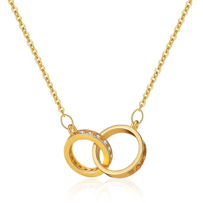 AEXTO Double Ring Necklace, 14 Gold Plated Necklace, Sparkly Crystal ...