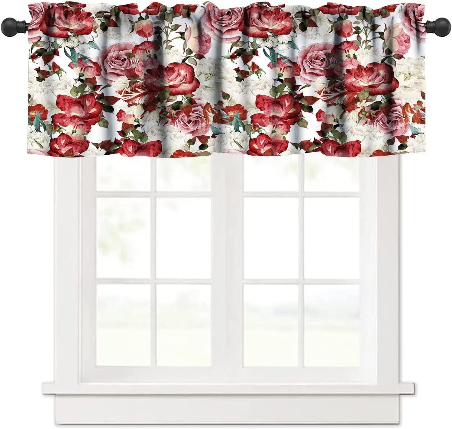 AEXTO Floral Rose Valance Curtain Red Rose Flower Black Starry Sky Rod ...