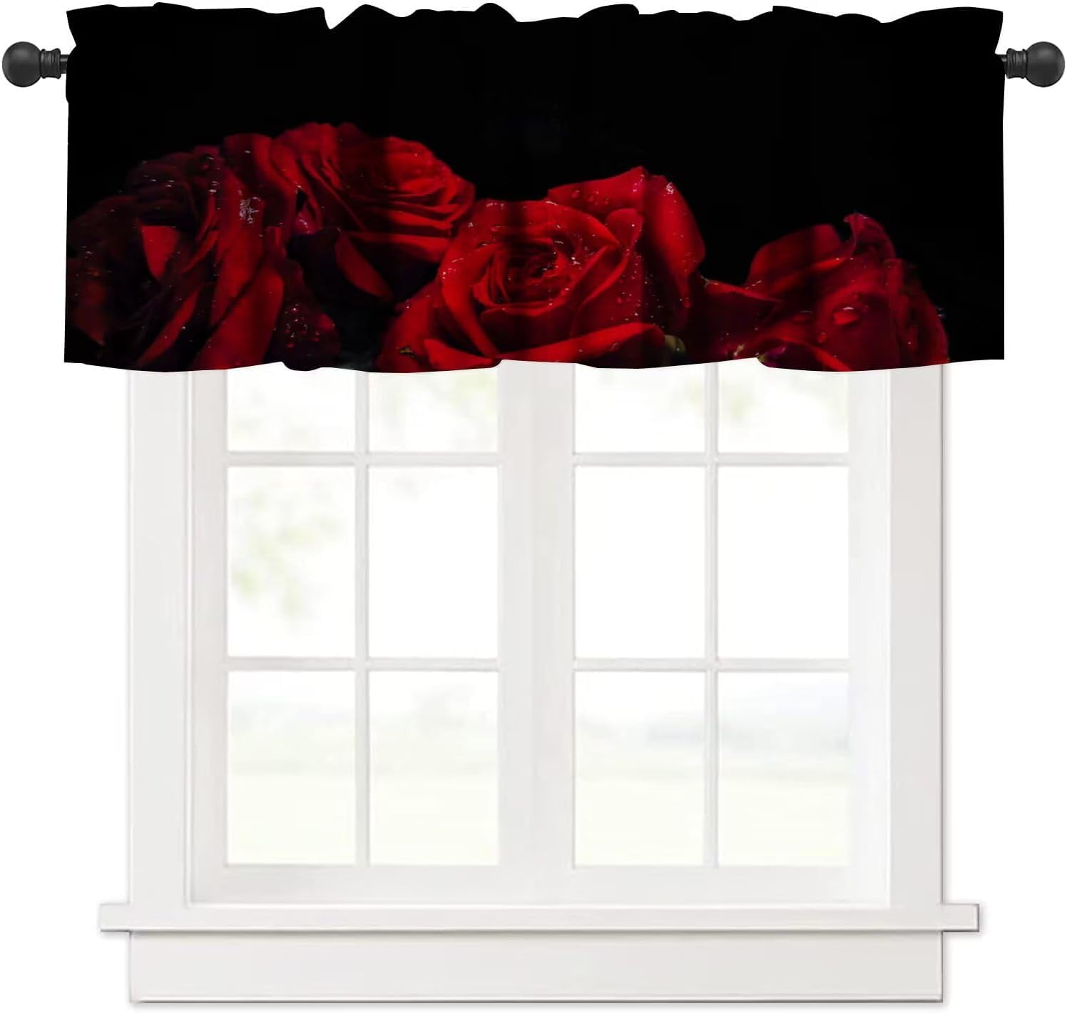 AEXTO Floral Rose Valance Curtain Red Rose Flower Black Starry Sky Rod ...