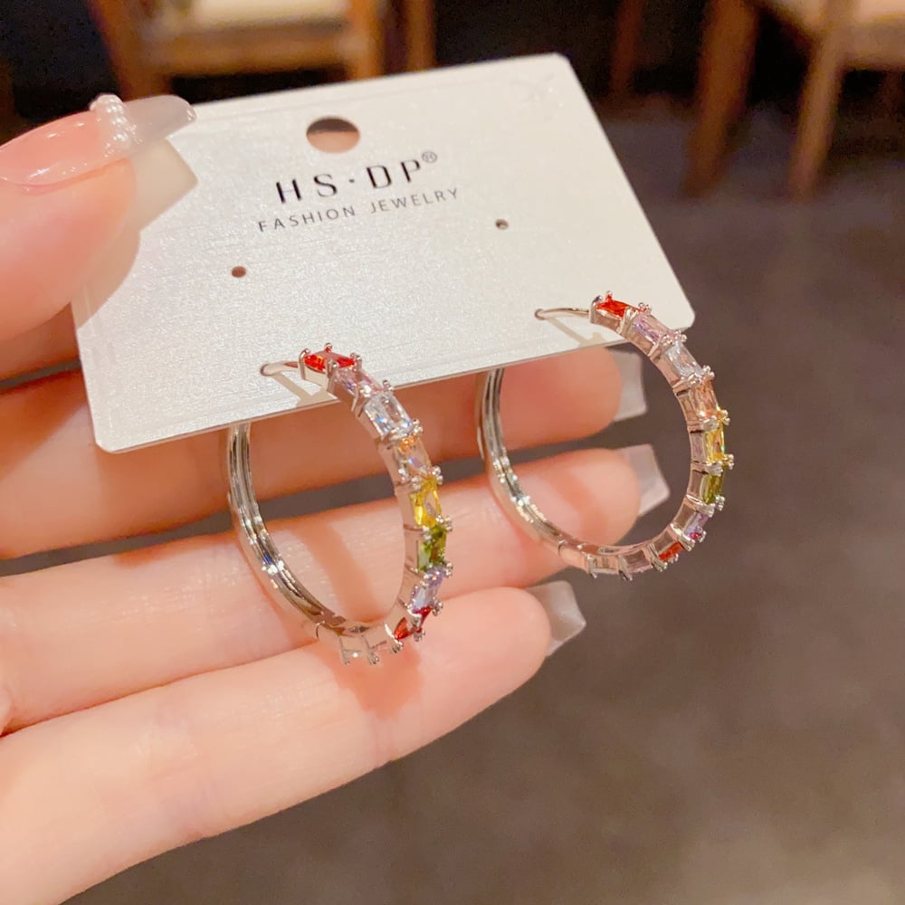 AEXTO Gradient Rainbow Zirconia Hoop Earrings - Delicate & Dazzling ...