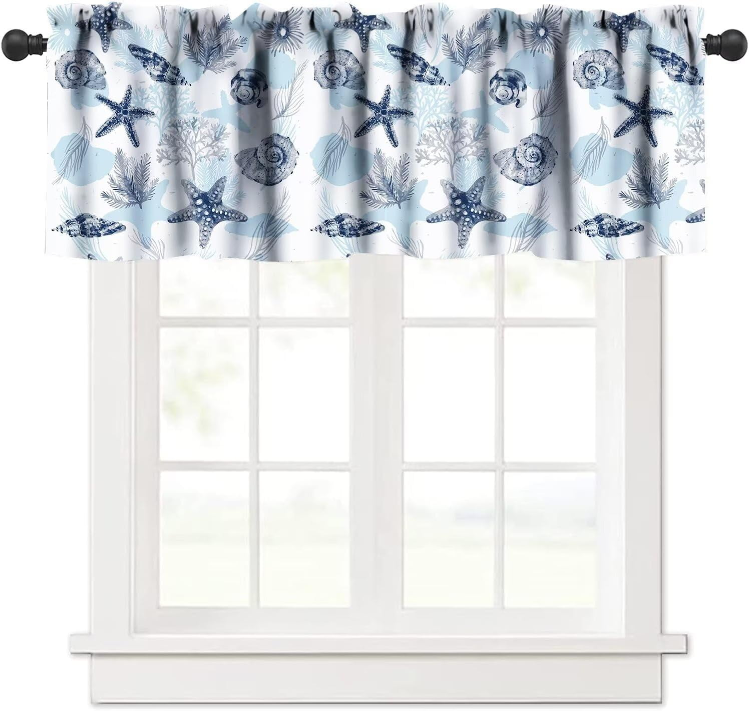 AEXTO Ocean Theme Curtain Valance,Blue & White Beach Sea Starfish ...