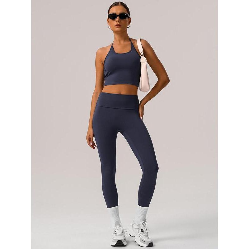 AEXTO Women's Solid Halter Neck Crop Cami Top & Leggings Tracksuit Set ...