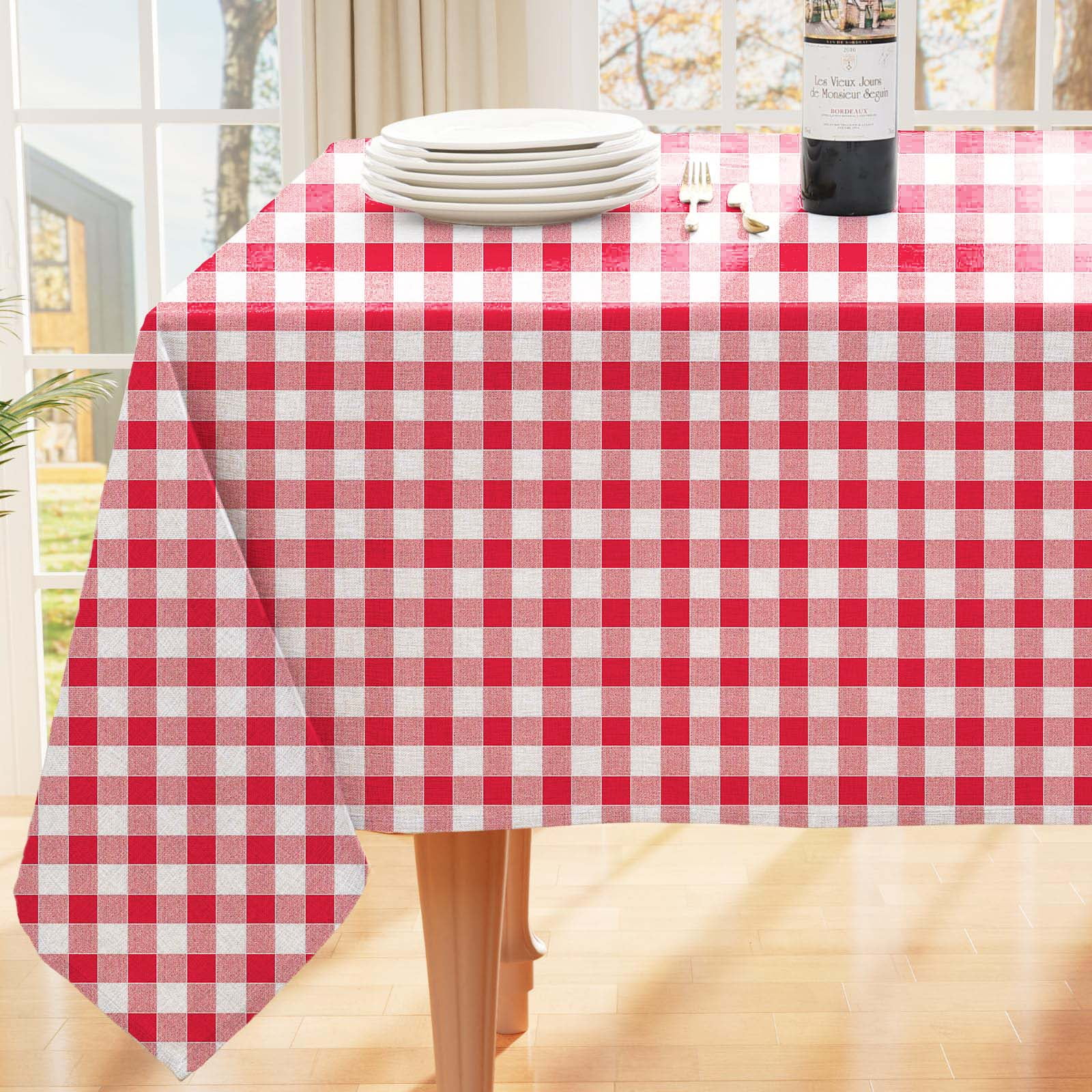 AF60122-014 Red and White Checkered Vinyl Tablecloth with Flannel ...