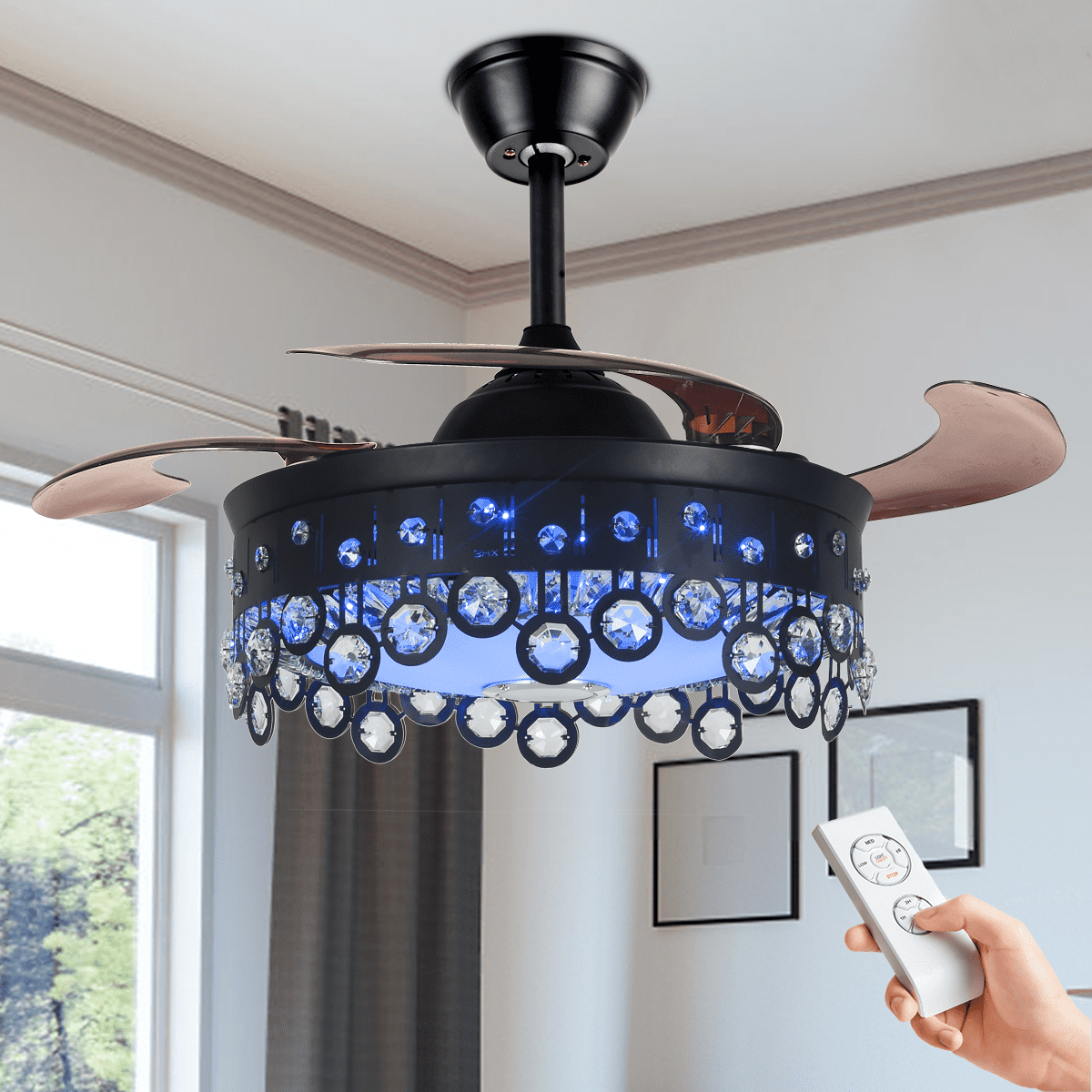 AFANQI 42" Black Modern Fandelier Ceiling Fan with Light Remote ...