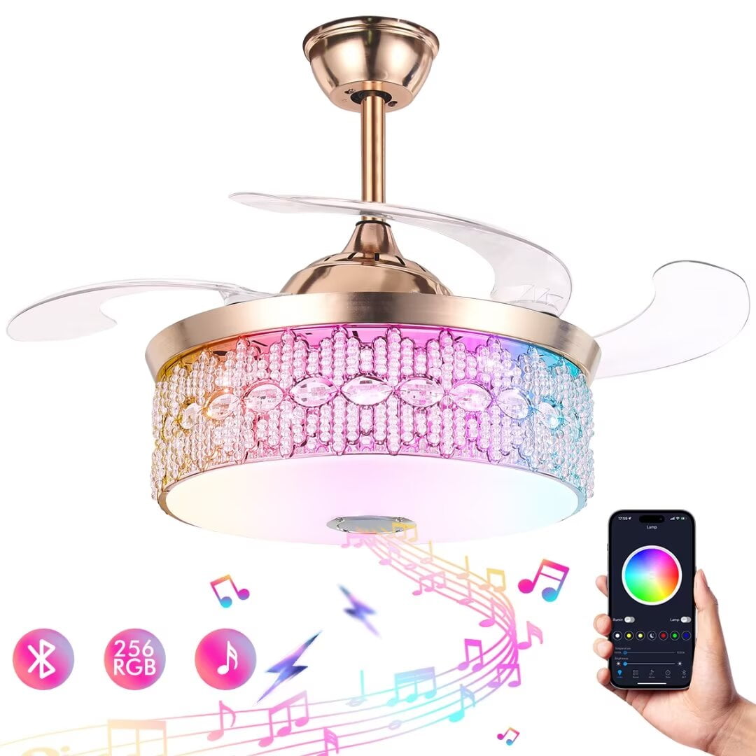 AFANQI 42 Inch Gold Bluetooth Invisible Ceiling Fan with Light, Remote ...