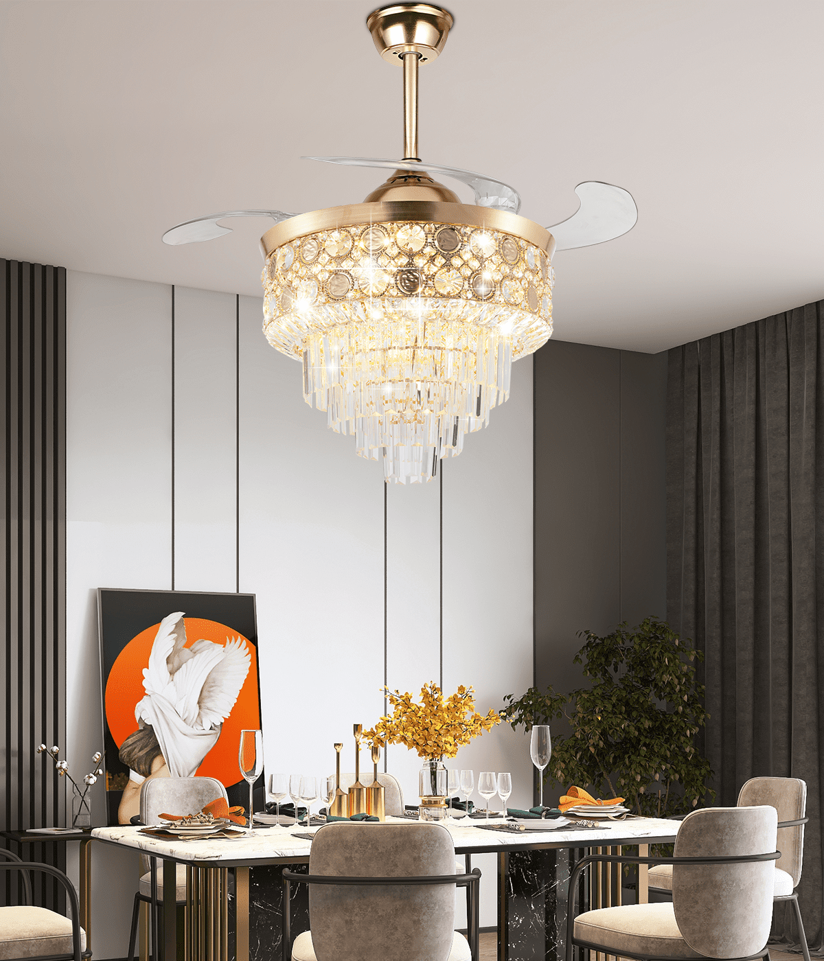 AFANQI 42" Modern Gold Crystal Ceiling Fan with Remote Invisible Blades ...