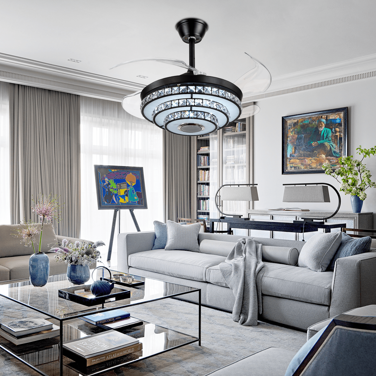 AFANQI 42 inch Modern Retractable Ceiling Fan with Lights and Remote ...