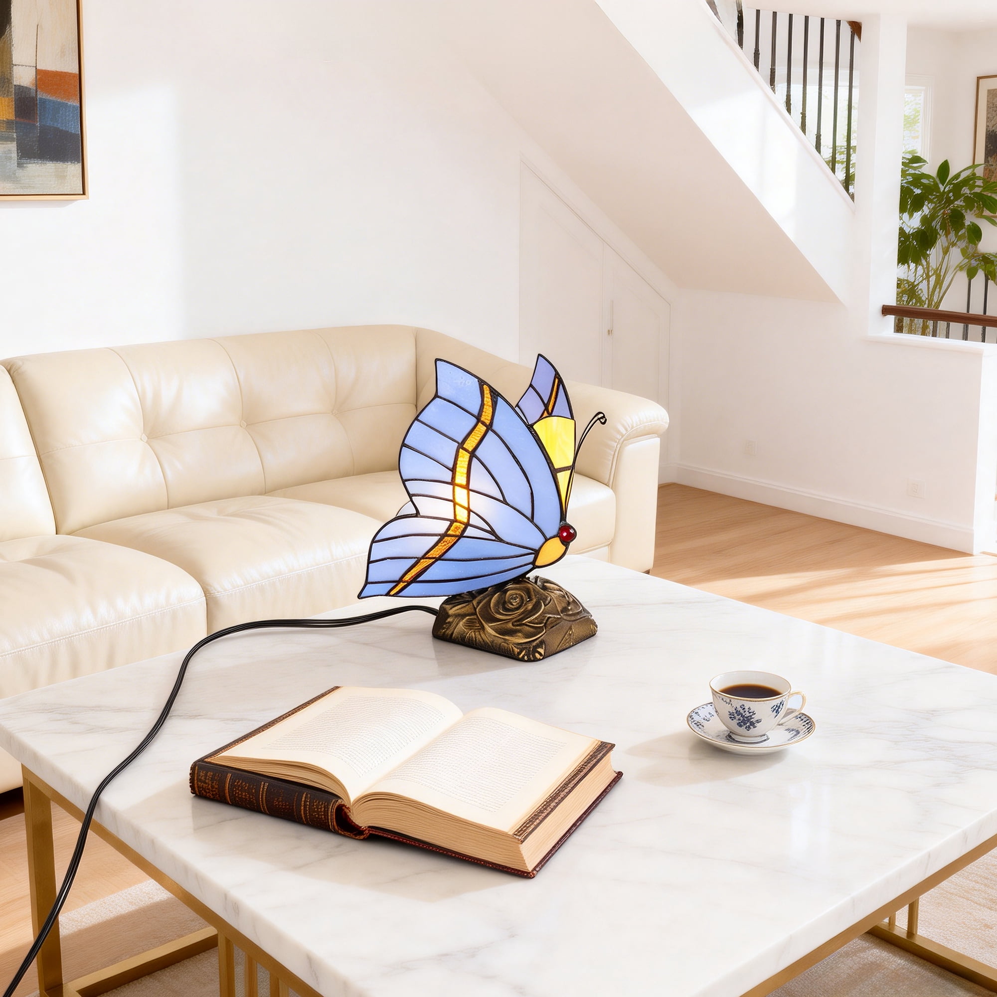 AFANQI 7-inch classic blue tea-colored butterfly table lamp, suitable ...
