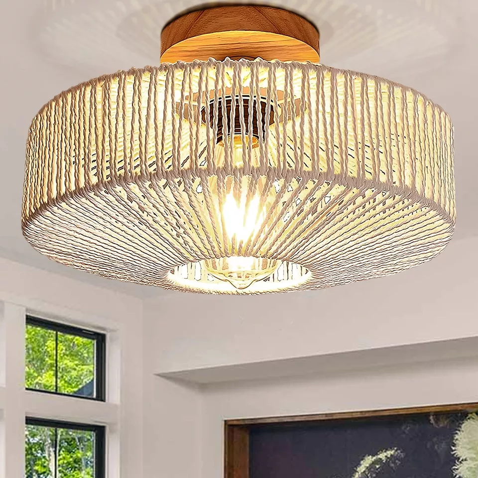 AFANQI Gold Ceiling Light Woven Rattan Light Fixture Bedroom Ceiling ...