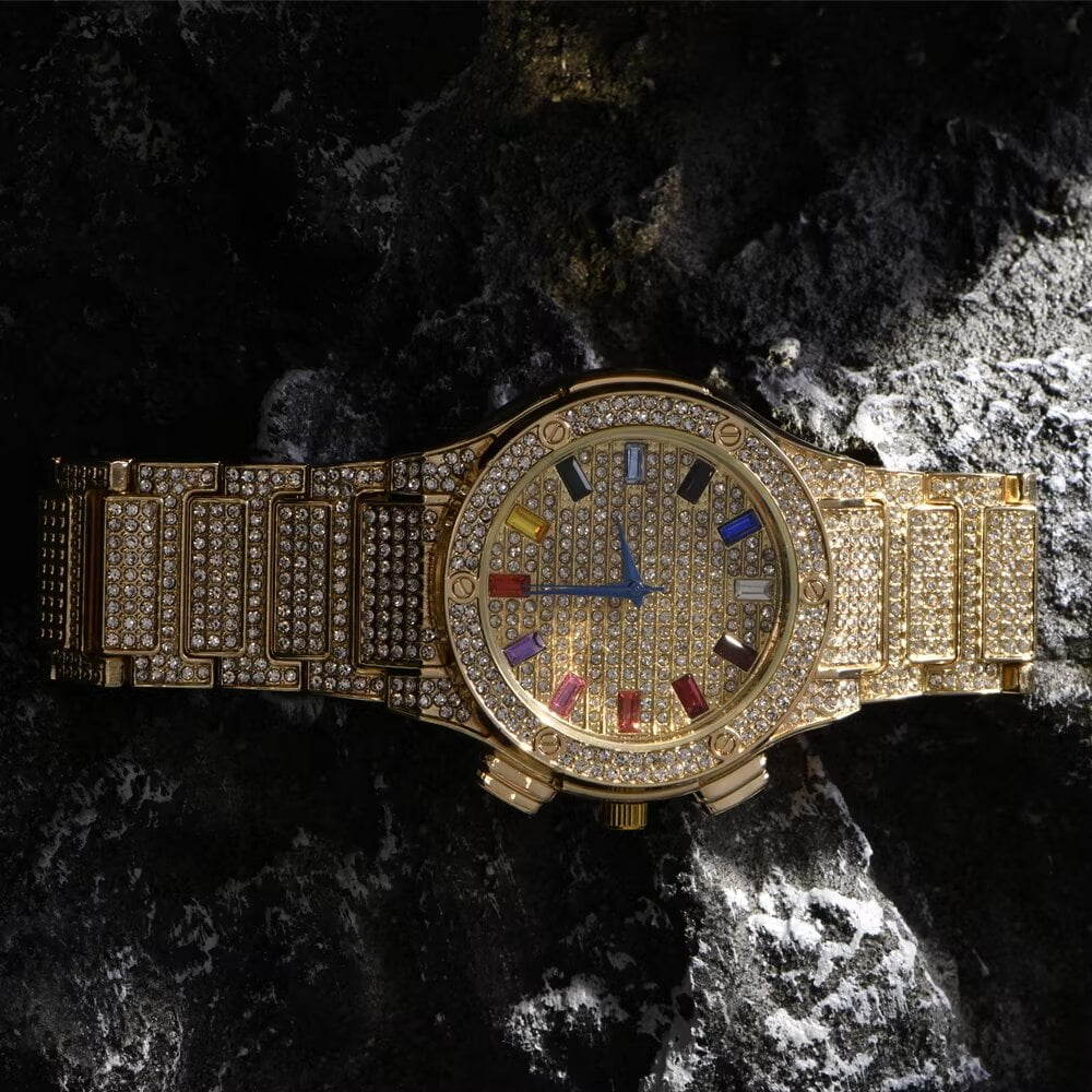 AFANQI Shiny Gold Round Luxury Men's Watch, Rock Cuban Rap Diamond ...