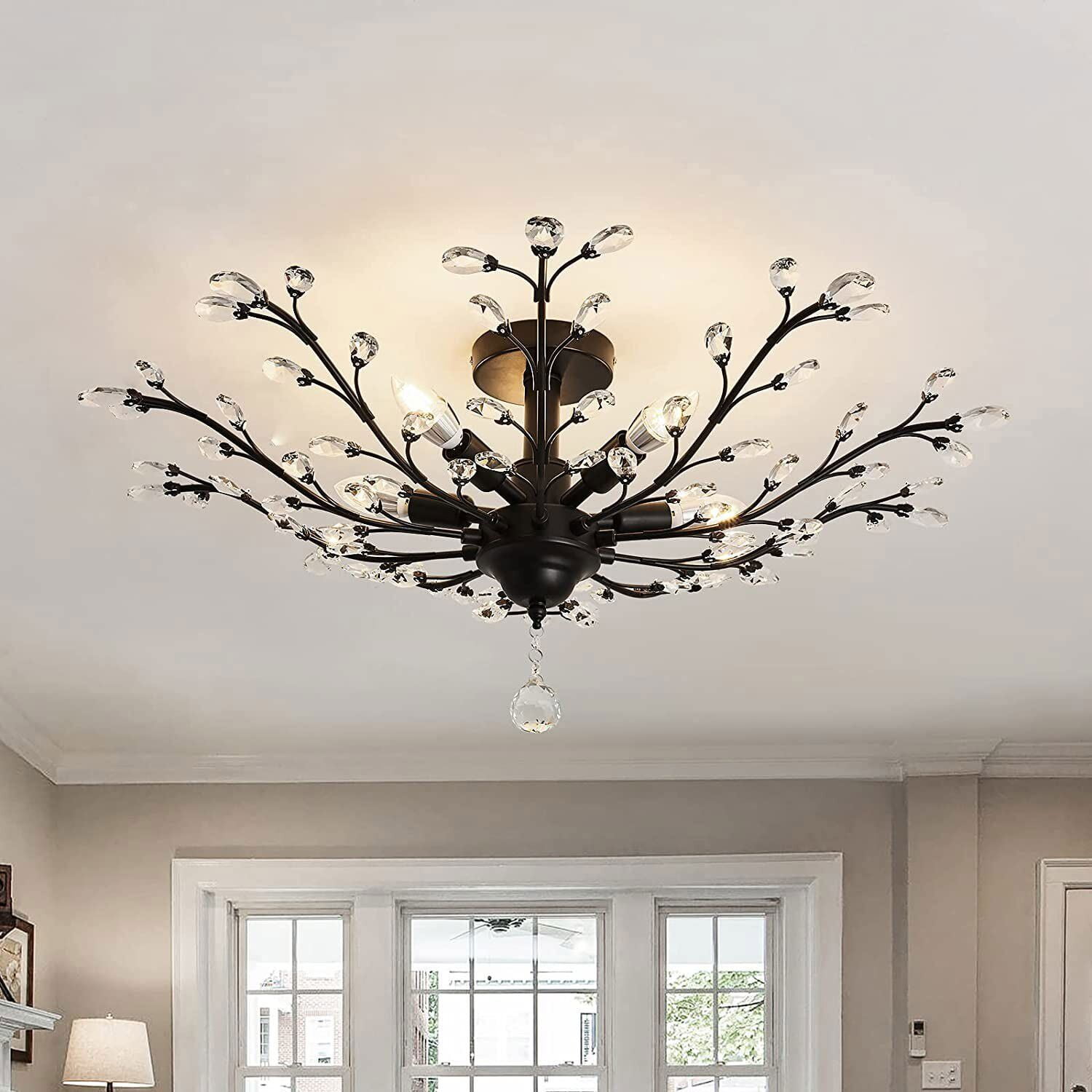 AFANQI Vintage Crystal Branches Chandeliers Flush Mounted Fixture 5 Lights Tree Leaves Ceiling ...
