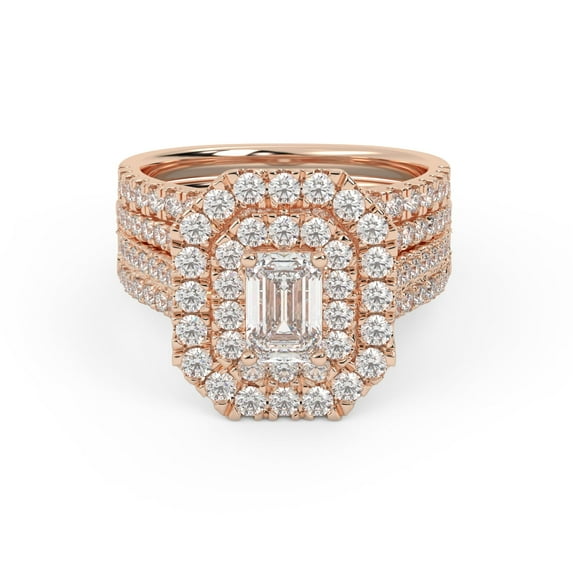 AFFY 3 Row Double Halo Bridal Ring Set for Women Center 6x4mm Emerald ...