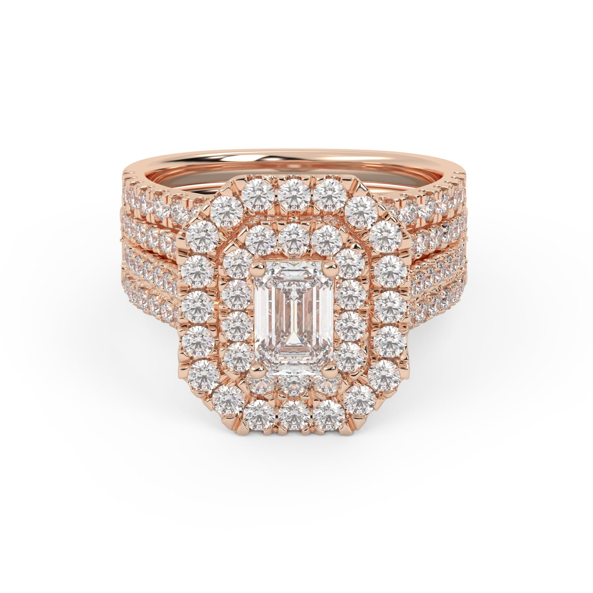 AFFY 3 Row Double Halo Bridal Ring Set for Women Center 6x4mm Emerald ...