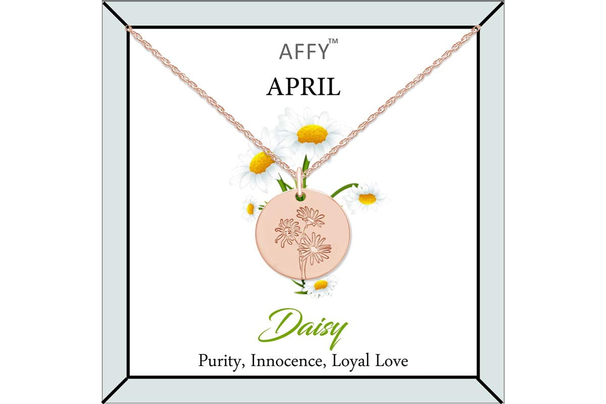 AFFY April Birth Month Daisy Flower Disc Pendant Necklace In Rose Gold ...