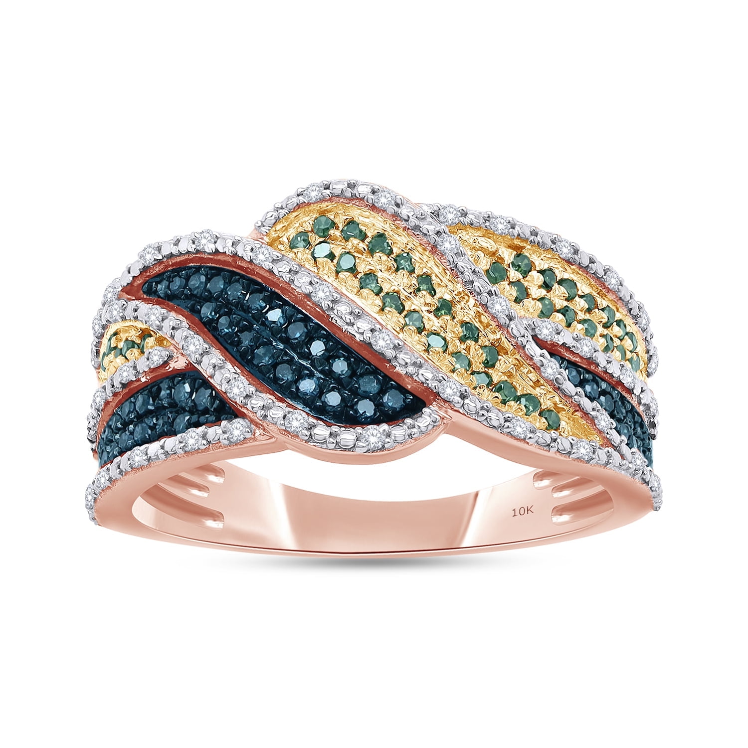 AFFY Blue, Green & White Natural Diamond Waves Ring in 10k Rose Gold ...