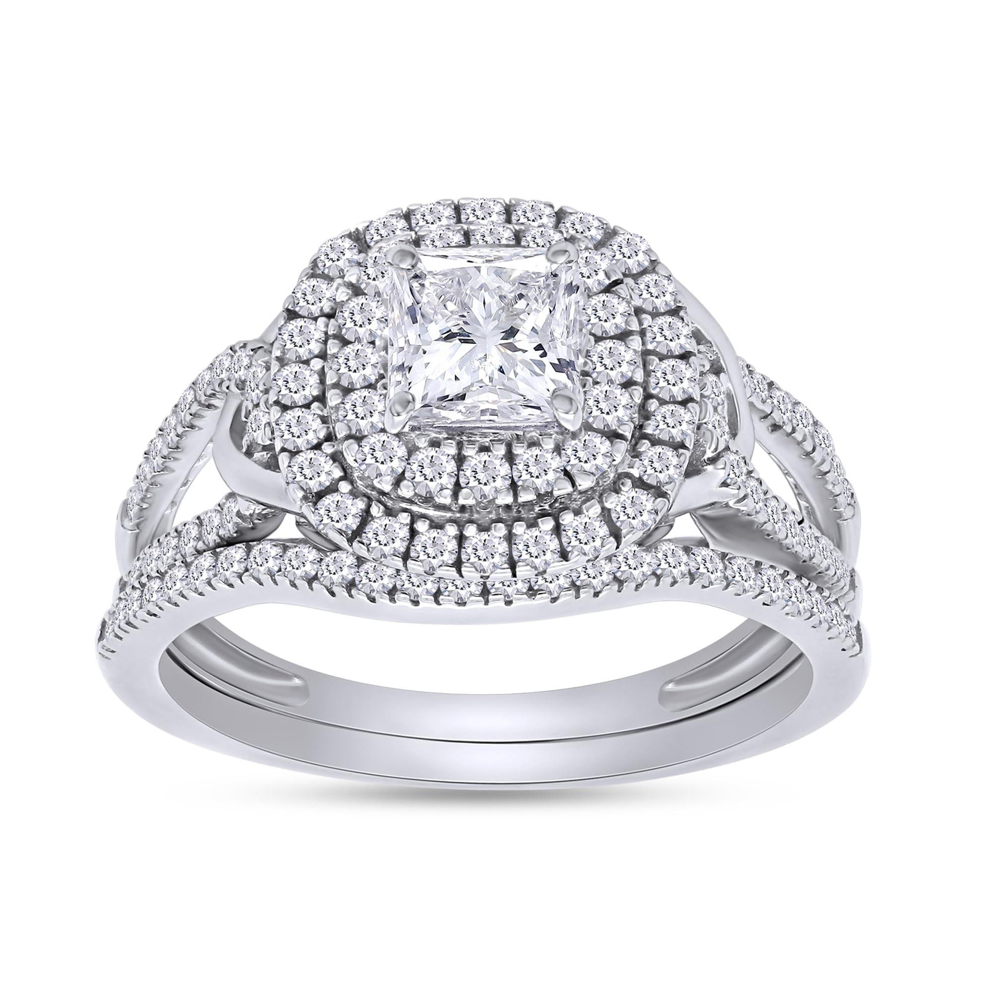 AFFY Double Halo Bridal Ring Set for Women 1.00 Cttw Princess and Round ...