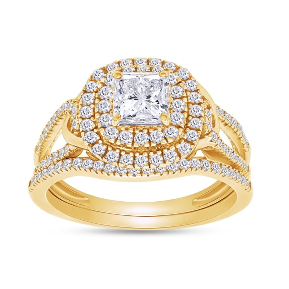 AFFY Double Halo Bridal Ring Set for Women 1.00 Cttw Princess and Round ...