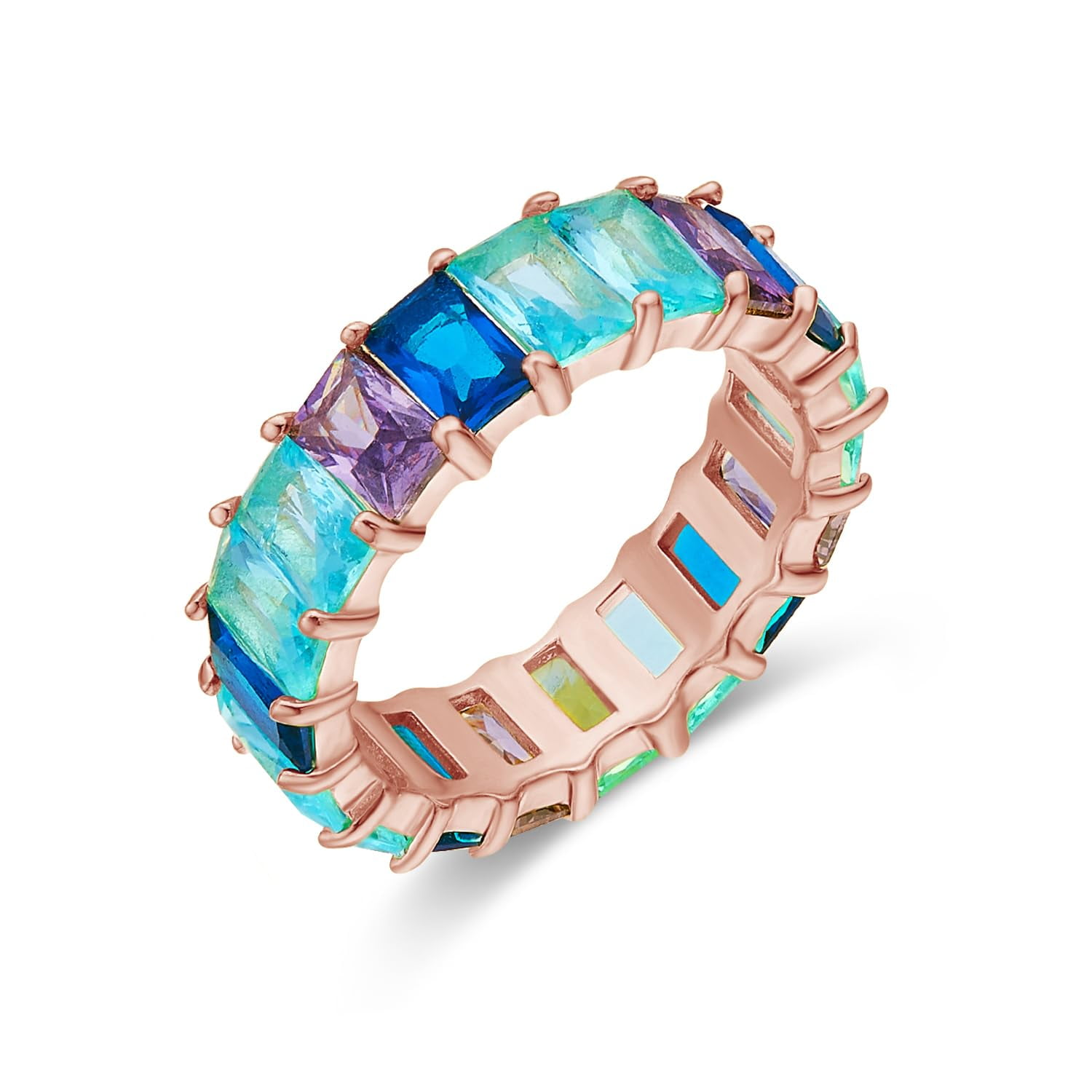 AFFY Eternity Rainbow Ring 18K Rose Gold Plated Emerald-Cut Multi Color ...