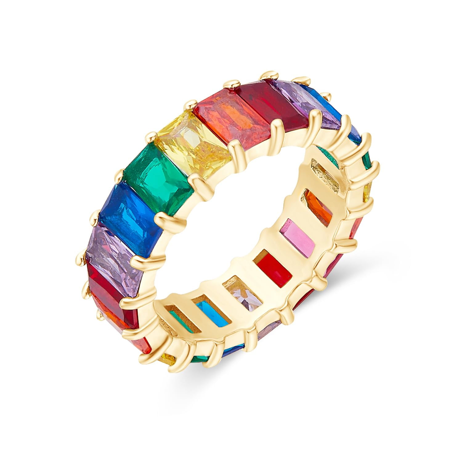 AFFY Eternity Rainbow Ring 18K Yellow Gold Plated Emerald-Cut Multi ...