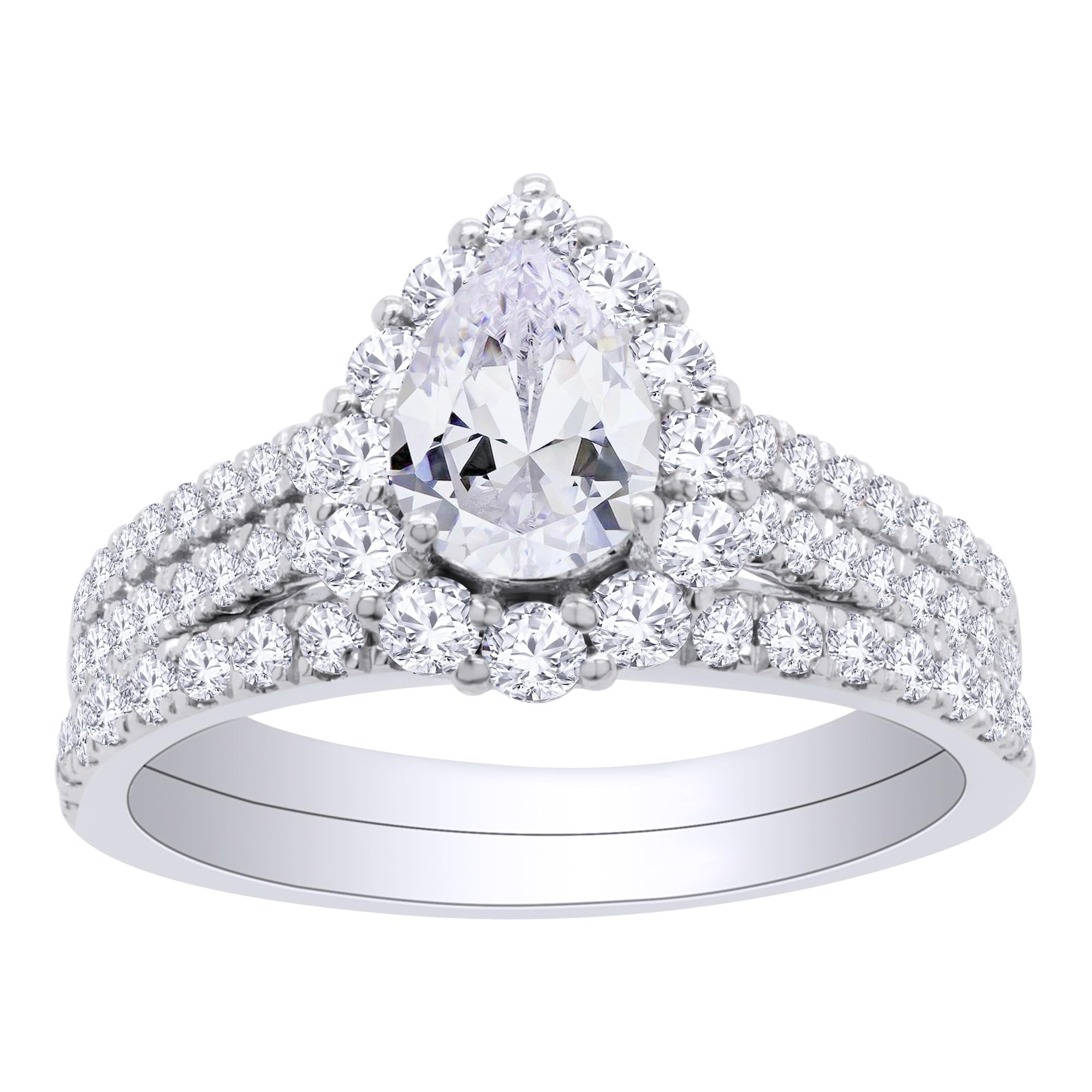 AFFY Halo Bridal Ring Set For Women 1.00 Cttw Pear And Round Cut Lab Grown Diamond Two Row ...
