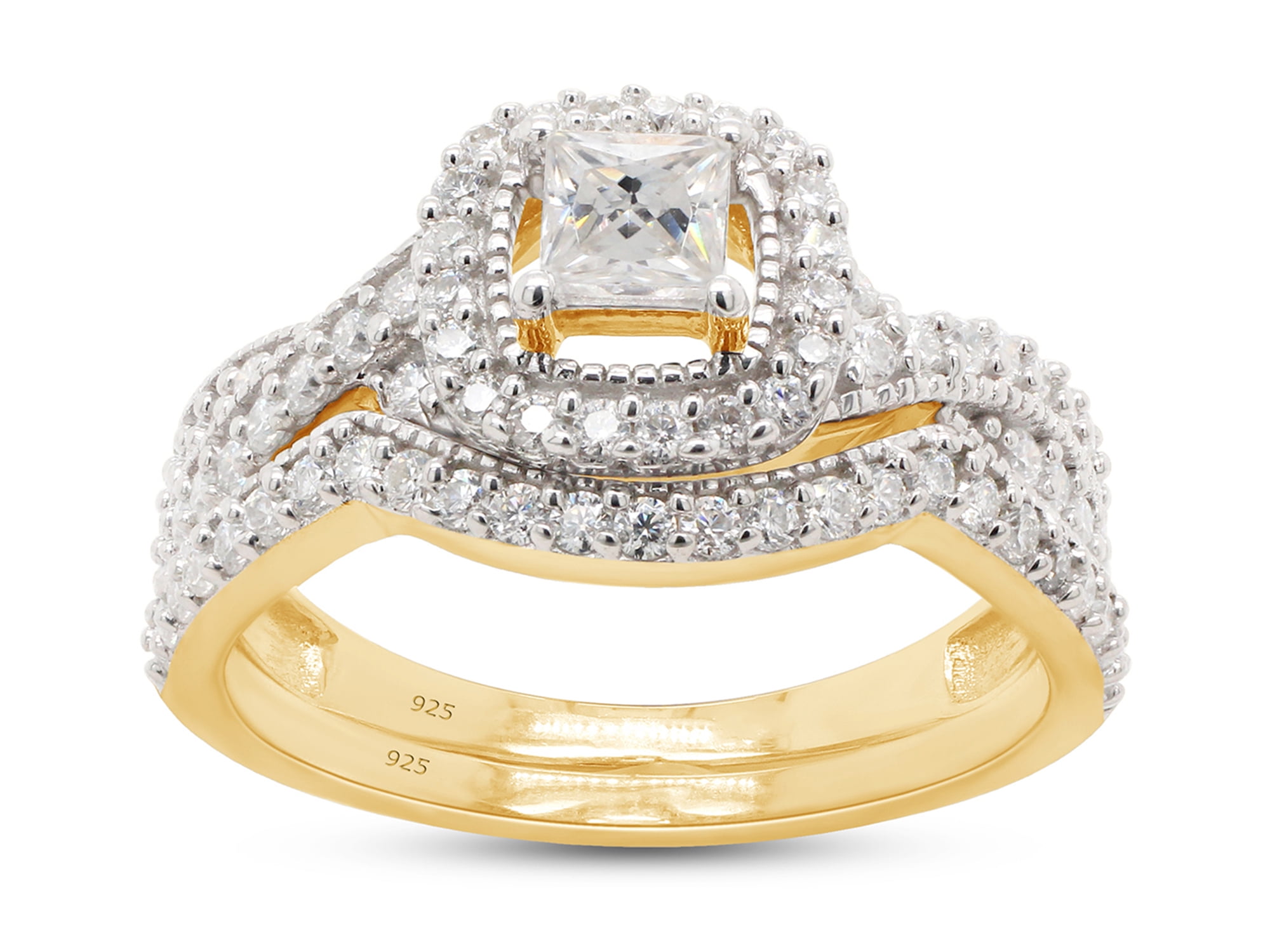 AFFY 0.85CT Moissanite Diamond Wedding Engagement Bridal Set Ring in 14K Yellow Gold over Silver ...