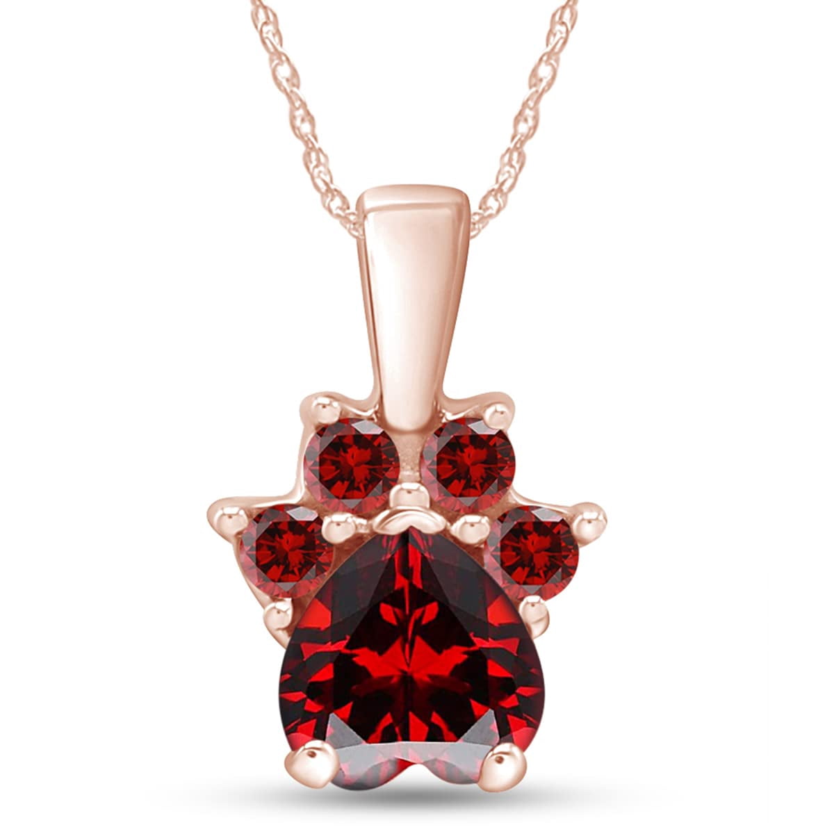 AFFY Heart & Round Cut Simulated Red Garnet Dog Paw Pendant in 14K Rose ...
