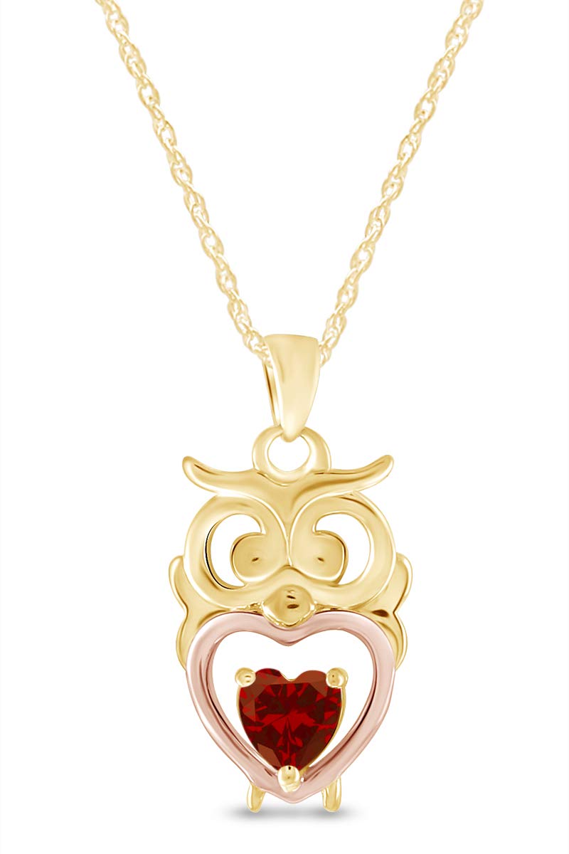 AFFY Heart Shape Simulated Garnet Cute Owl Charm Pendant in 14k Yellow ...