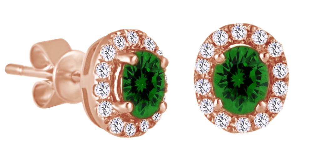 AFFY Oval Shape Simulated Green Emerald With Natural Diamond Halo Stud ...