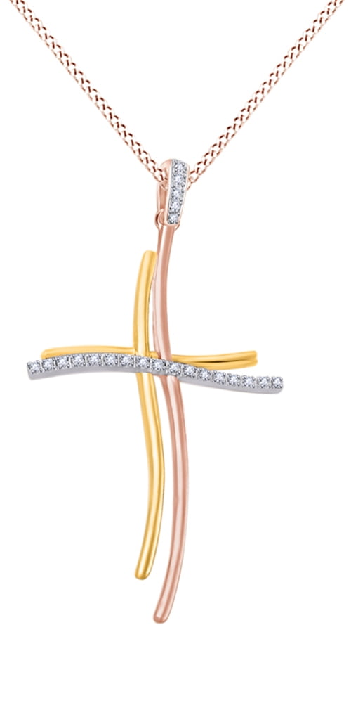 AFFY Round Shape White Diamond Wavy Cross Pendant Necklace In 14K Solid ...