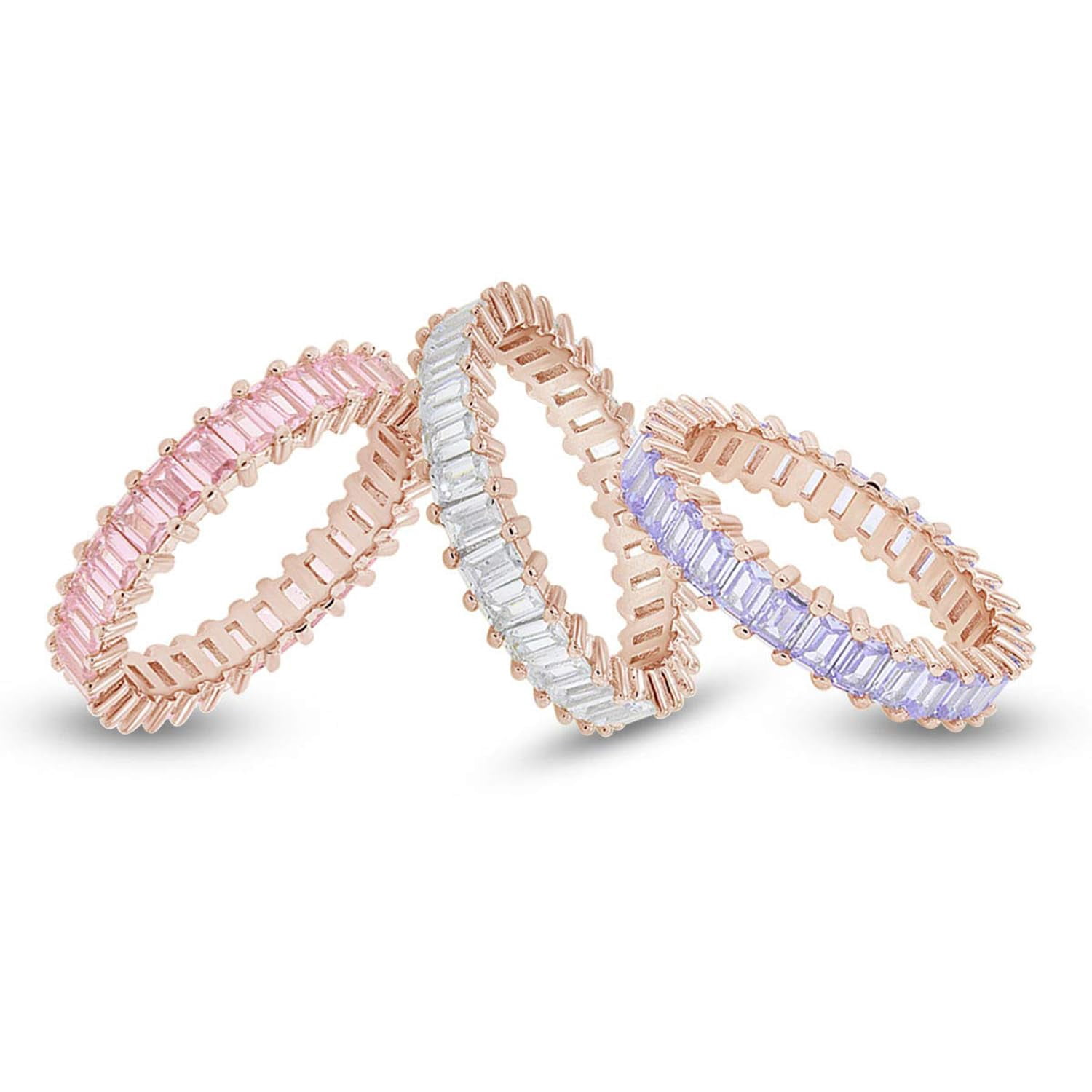 AFFY Set of 3 Pastel Rainbow Baguette Band Ring 18K Rose Gold Plated ...