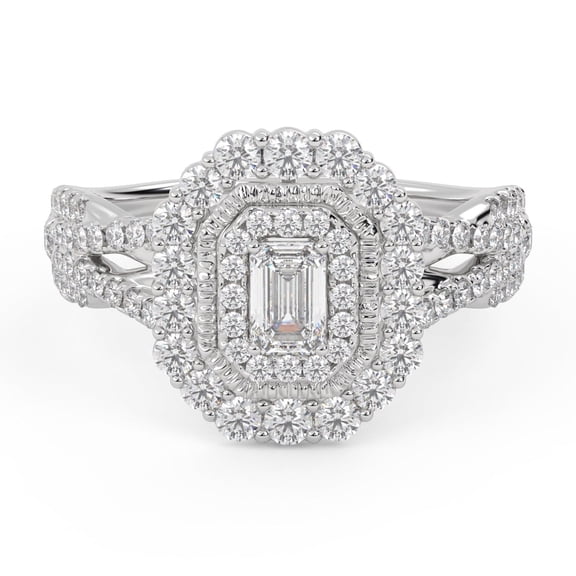 14K White Gold Double Row Baguette and Round Halo Diamond Engagement ...