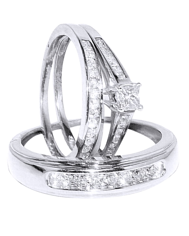 AFFY White Natural Diamond Engagement & Wedding Trio Bridal Ring Set In ...