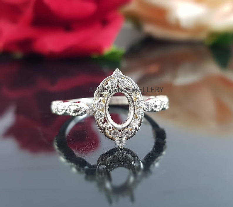 AFGEMSNJEWELLERY 925 Sterling Silver Semi Mount Oval Ring 7x5mm Prong ...