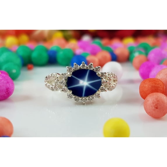 AFGEMSNJEWELLERY Blue Star Sapphire Ring 925 Sterling Silver Star ...