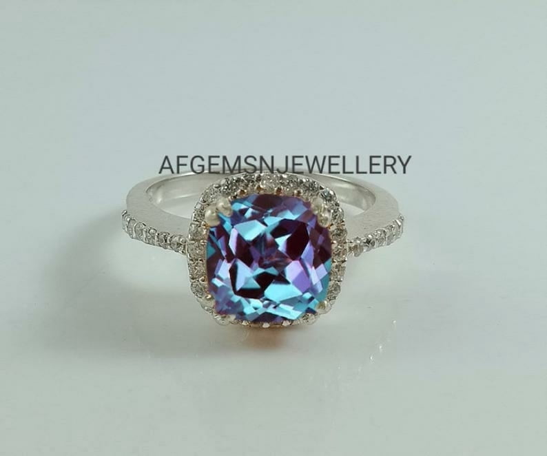 AFGEMSNJEWELLERY Cushion Cut Alexandrite Ring Sterling Silver June ...