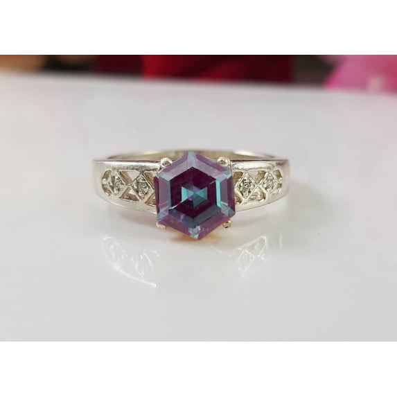 AFGEMSNJEWELLERY Hexagon Alexandrite Ring, Color Changing Lab ...