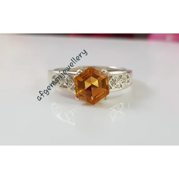 AFGEMSNJEWELLERY Hexagon Cut Yellow Topaz Ring Sterling Silver Natural ...