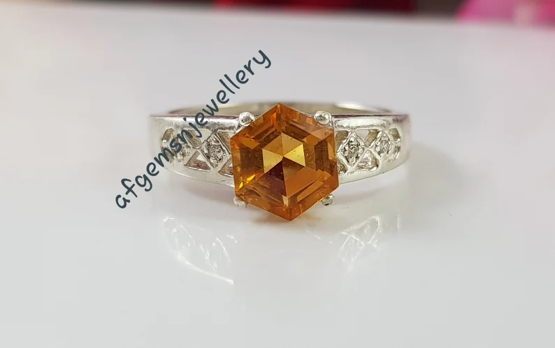 AFGEMSNJEWELLERY Hexagon Cut Yellow Topaz Ring Sterling Silver Natural ...