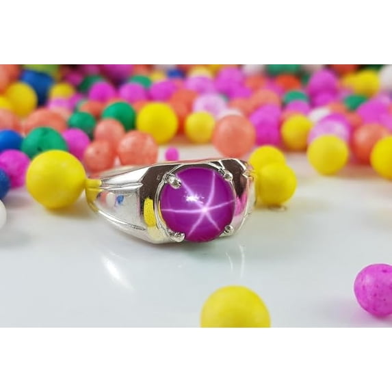 AFGEMSNJEWELLERY Round Pink Star Ruby Ring 925 Sterling Silver ...