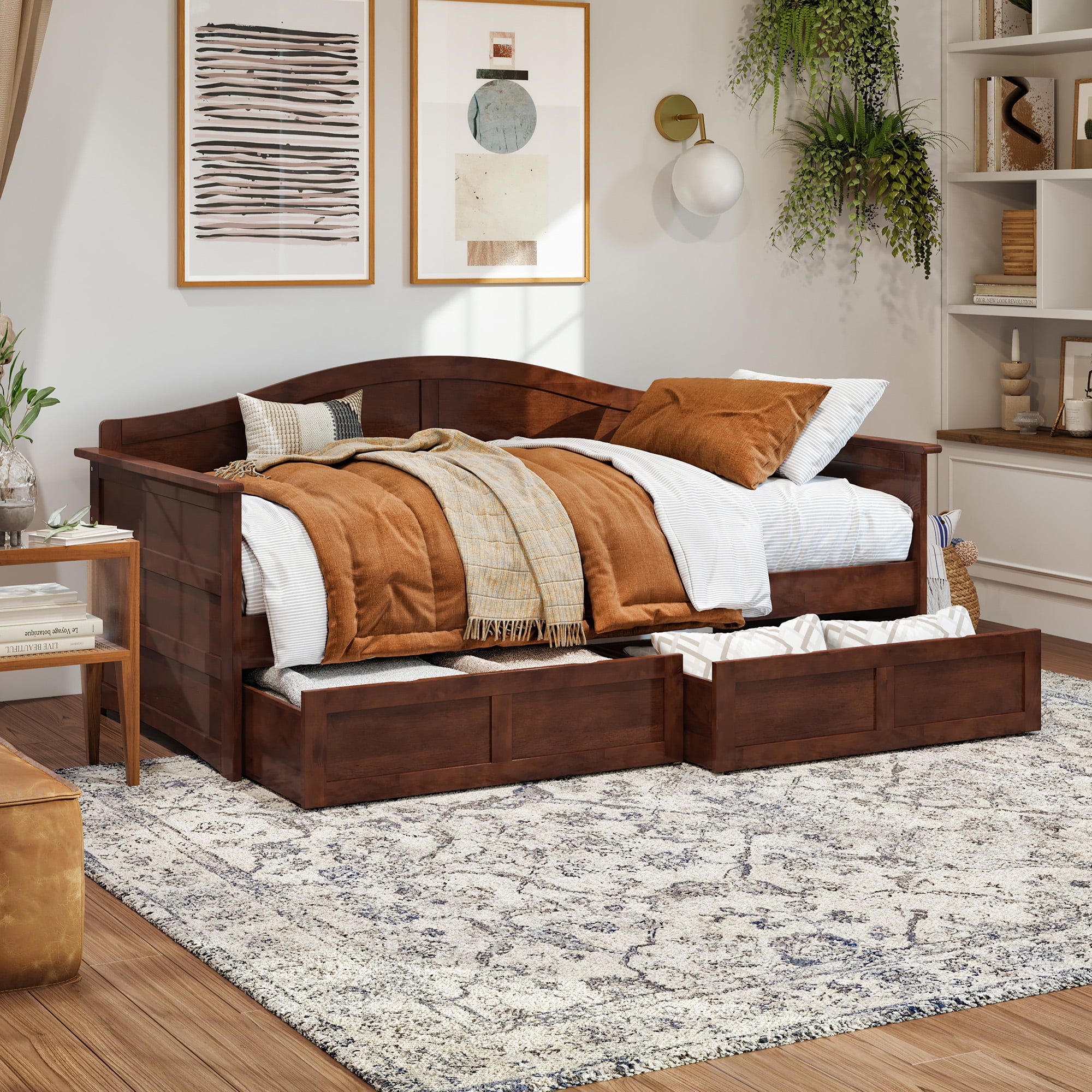 AFI Acadia Wood Twin Size Daybed Frame with 2 Storage Drawers Walnut ...