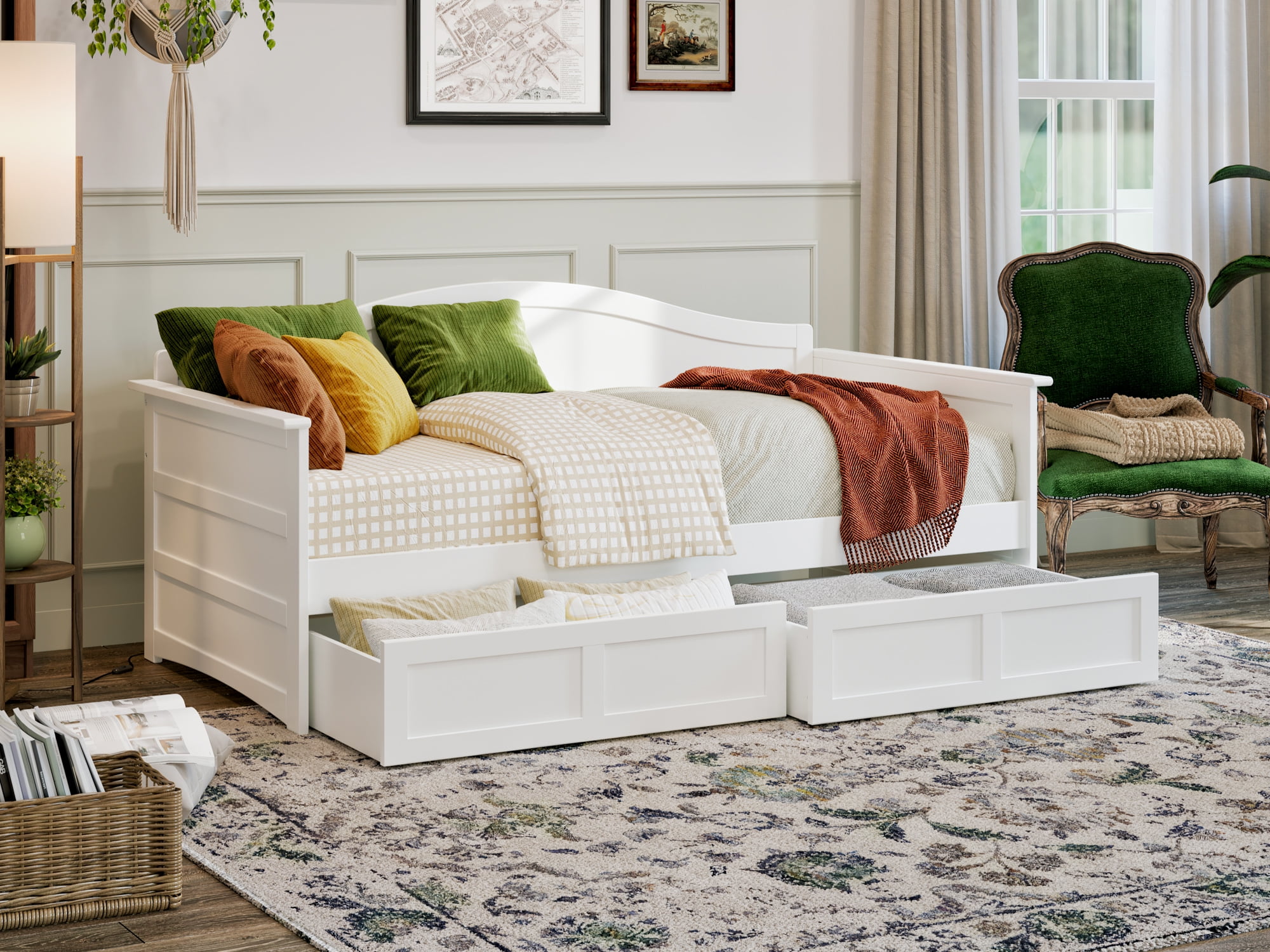 AFI Acadia Wood Twin Size Daybed Frame with 2 Storage Drawers White ...